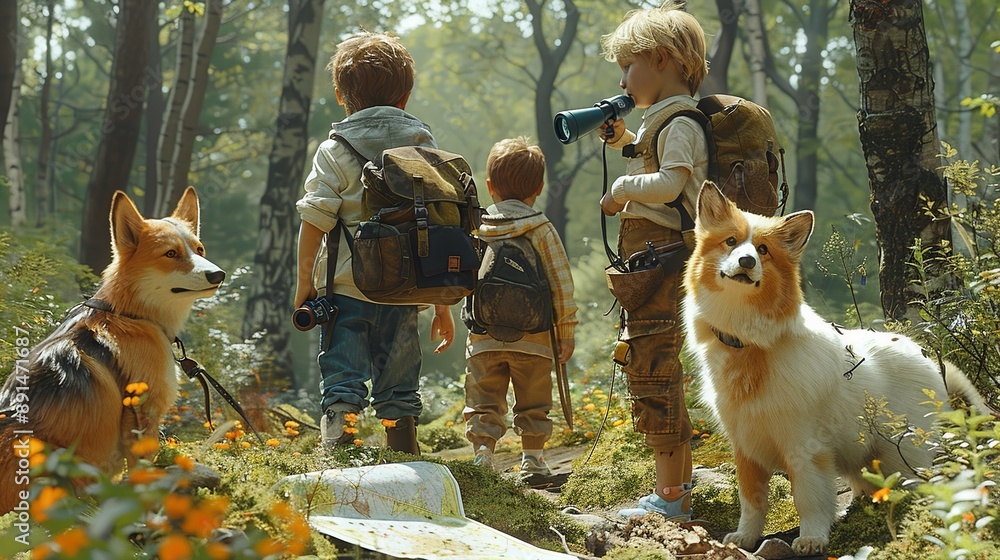 Cute kids and their pets exploring a forest with binoculars and maps ...