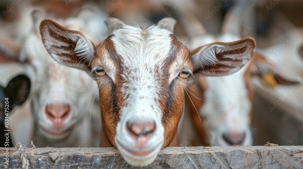A detailed image showcasing three goats peering curiously into the ...