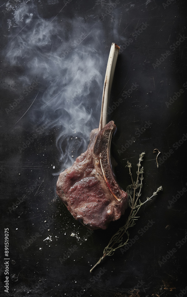 Lamb meat ribs. Fresh lamb mutton ribs with herbs. Butchery, meat shop ...