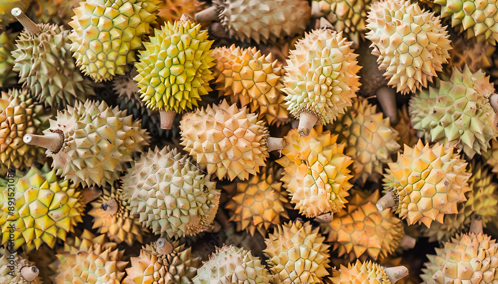 Fresh durian fruit at the market in large quantities. Background ...