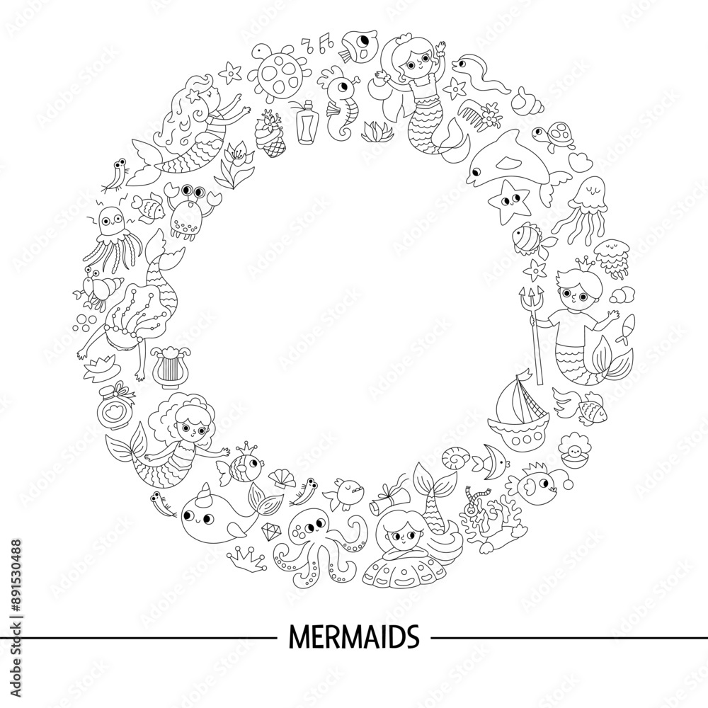 Vector black and white round frame wreath with mermaids. Underwater ...