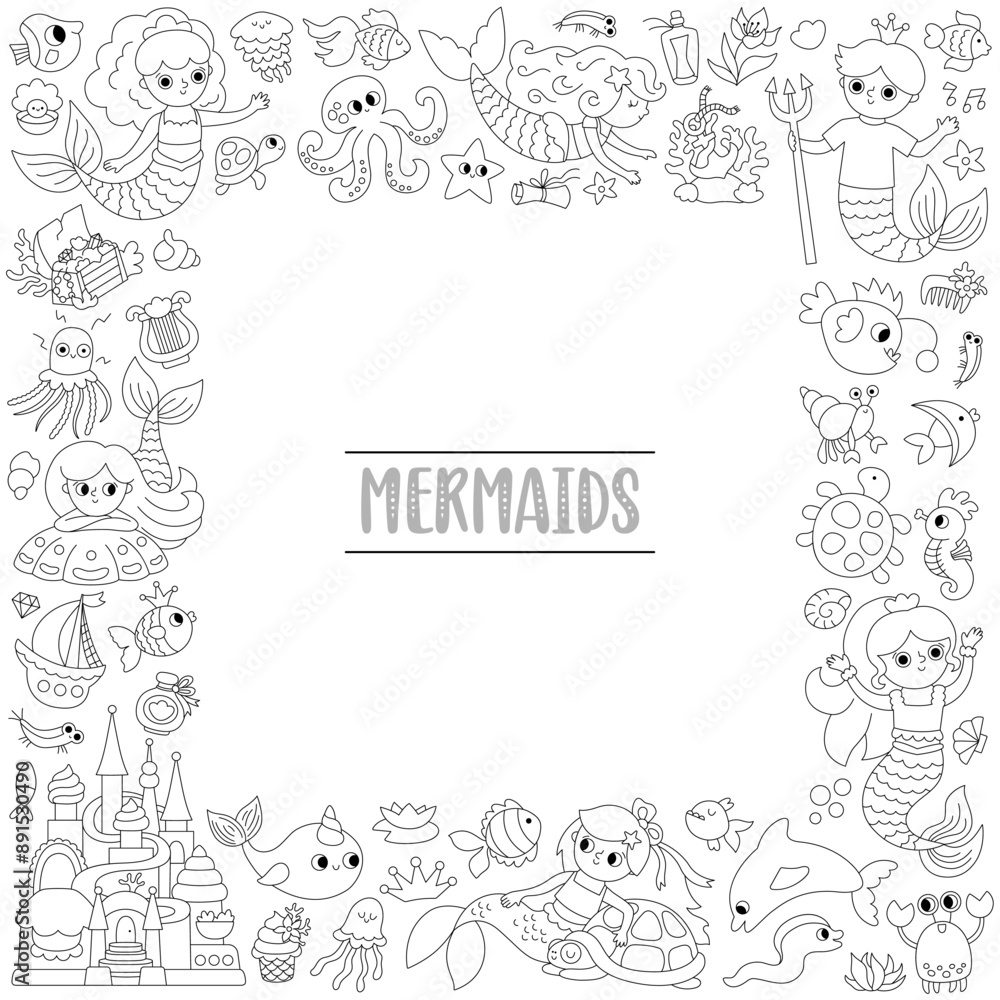 Vector black and white square frame with mermaids. Underwater line ...