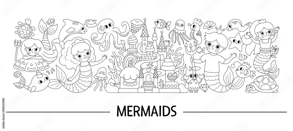 Vector black and white horizontal mermaids set. Underwater line kingdom ...