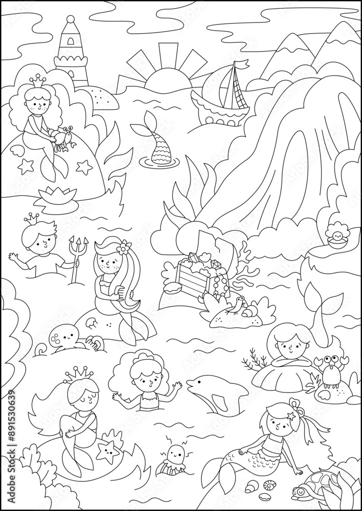 Vector black and white mermaid land landscape illustration. Marine ...