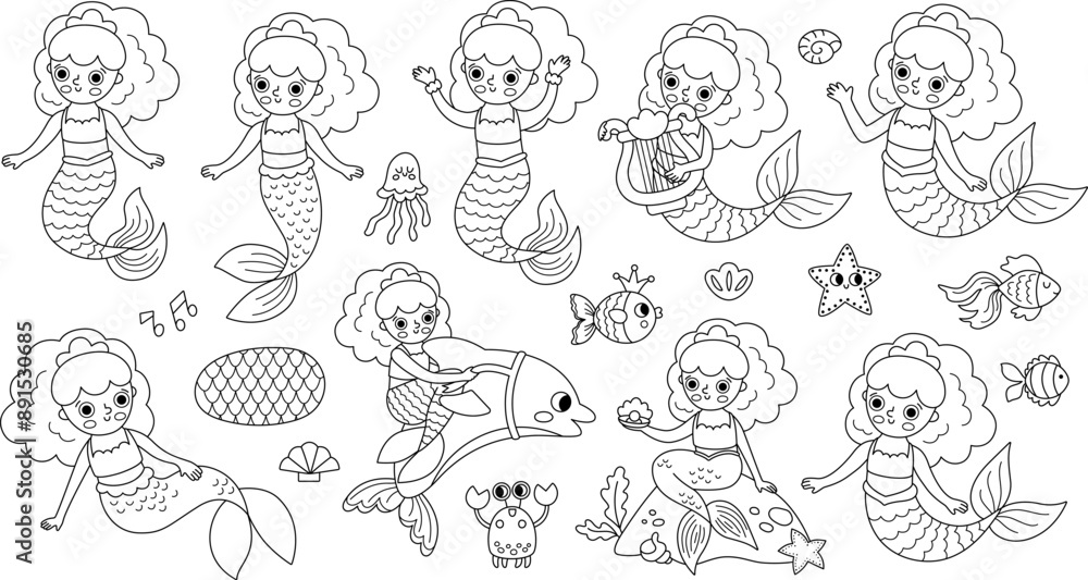 Vector black and white mermaids set. Underwater kingdom collection with ...