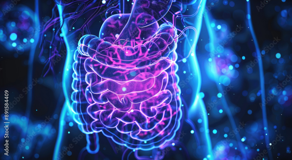 3d rendering of human large intensity, the stomach and small Intestine ...