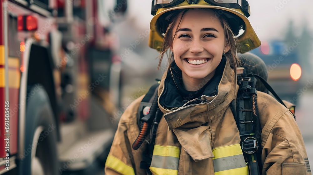 A courageous female firefighter in full firefighting suit smiling ...