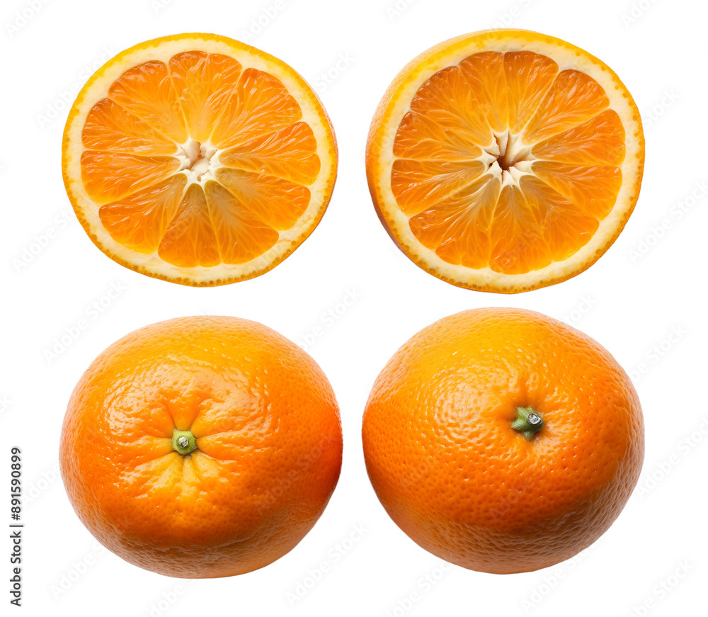 Set of oranges, bright juicy orange zest, cut in half, blossoming ...