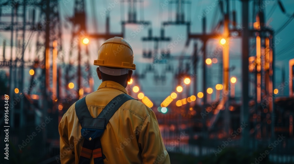 Back view of electrical engineer wearing safety suite inspect the ...