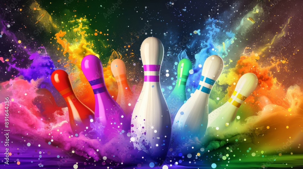 Bowling pins collapsing with a colorful and vibrant splash around them ...