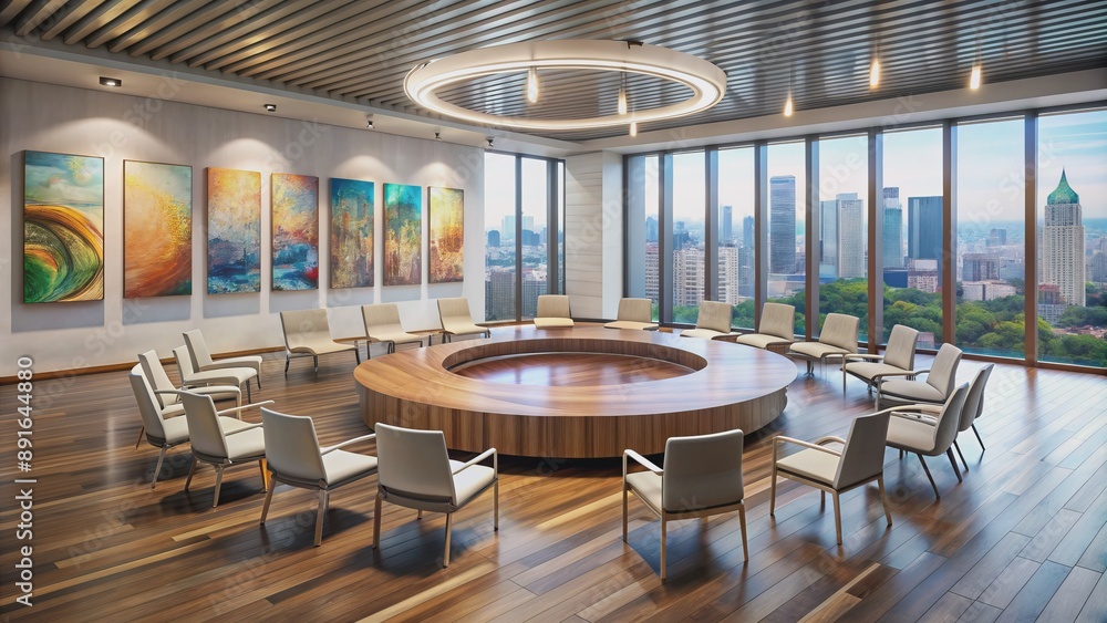 An empty circular arrangement of chairs and tables in a modern ...