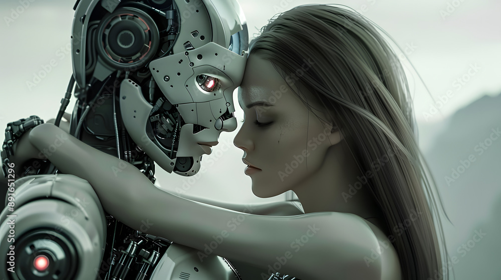 Cyborg robot and woman hugging together, futuristic cyber loving couple ...