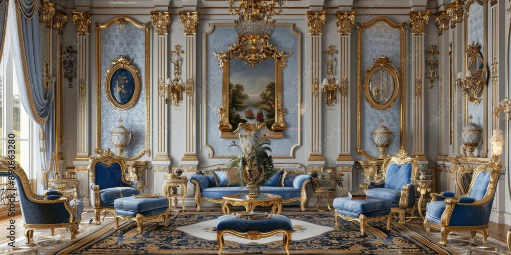 An elegant Rococo-inspired living room featuring a blue and gold color ...