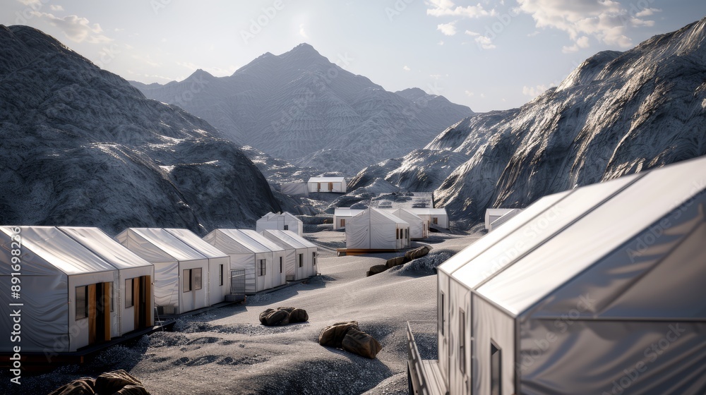 A mining camp with modular housing units and equipment storage areas ...