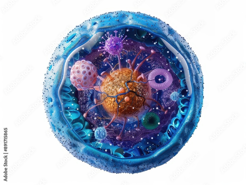 Microscopic view of a single human cell with intricate details ...