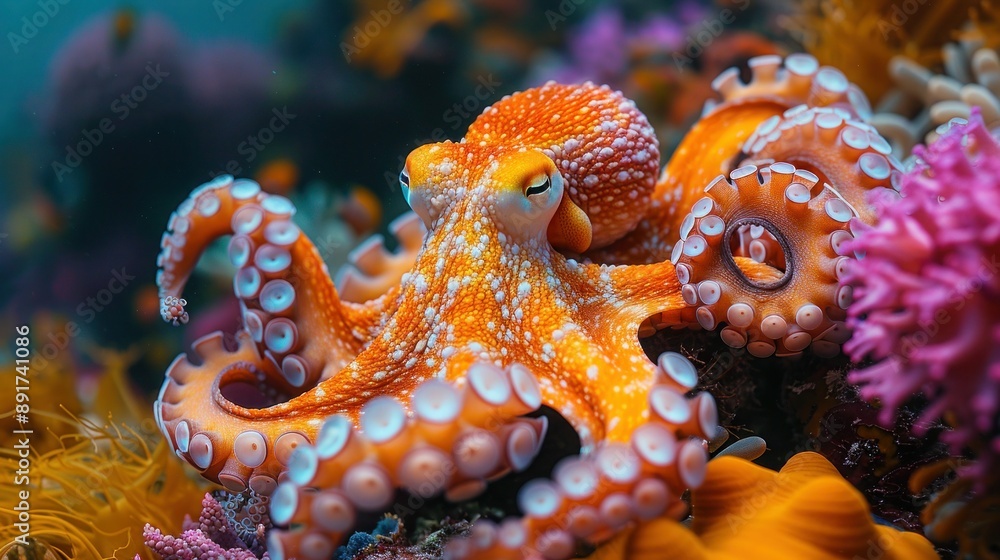 Octopus Among Colorful Corals: Artistic Deep-Sea Beauty Stock Photo ...