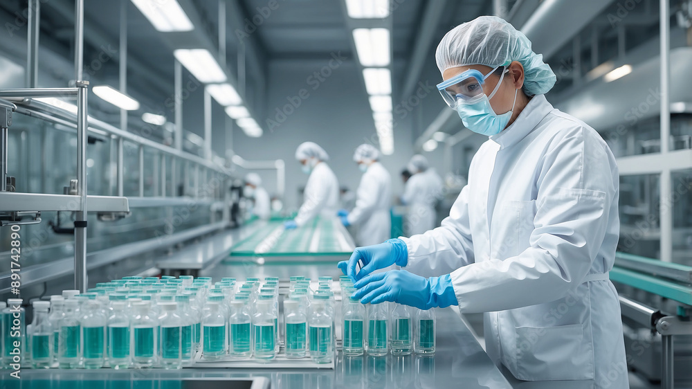 Mature lab scientist wearing protective PPE uniform in pharmaceutical ...