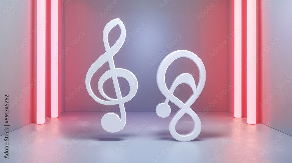 Floating 3D treble and bass clefs in a neon-lit space, 3D background ...