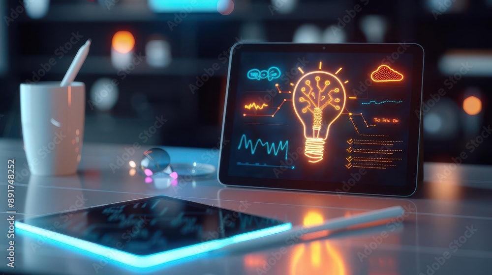 Sleek desk setup with a tablet, stylus, and brainstorming mind map ...