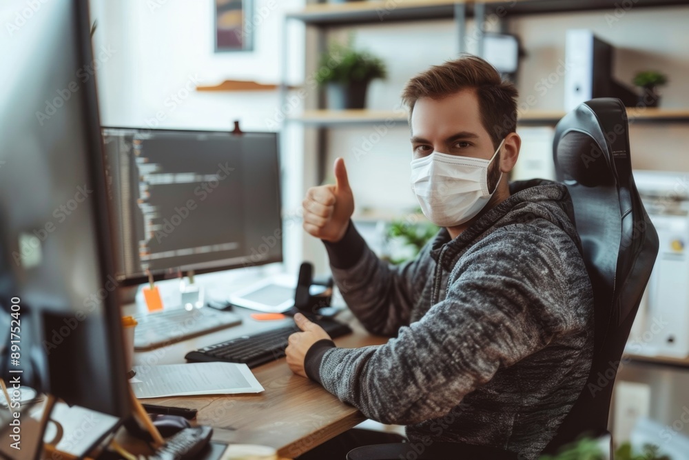 Man working from home office with computer and wearing a mask. Giving ...