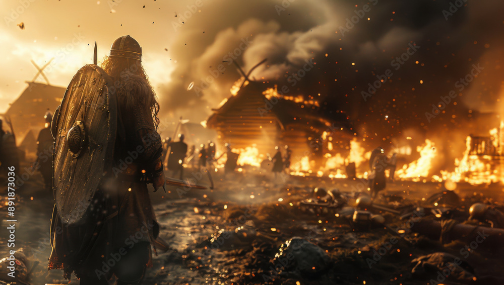 Viking shield and burning village. Fiery embers swirl amidst ...