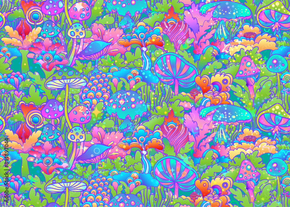 Magic mushrooms and stars seamless pattern. Psychedelic hallucination ...