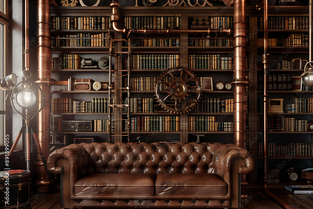 Steampunk Library with Gears and Copper Pipes Mockup Stock Photo ...