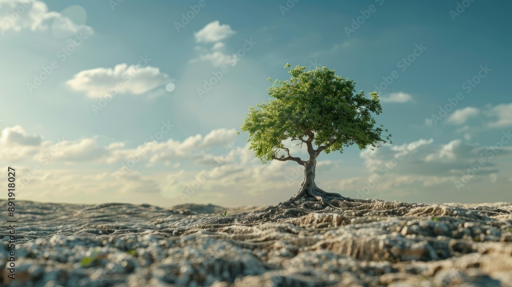 3D tree backdrop highlighting land restoration and desertification ...