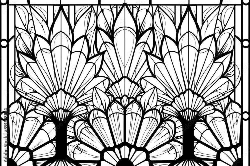 Black outline drawing as pattern for a retro art deco stained glass ...