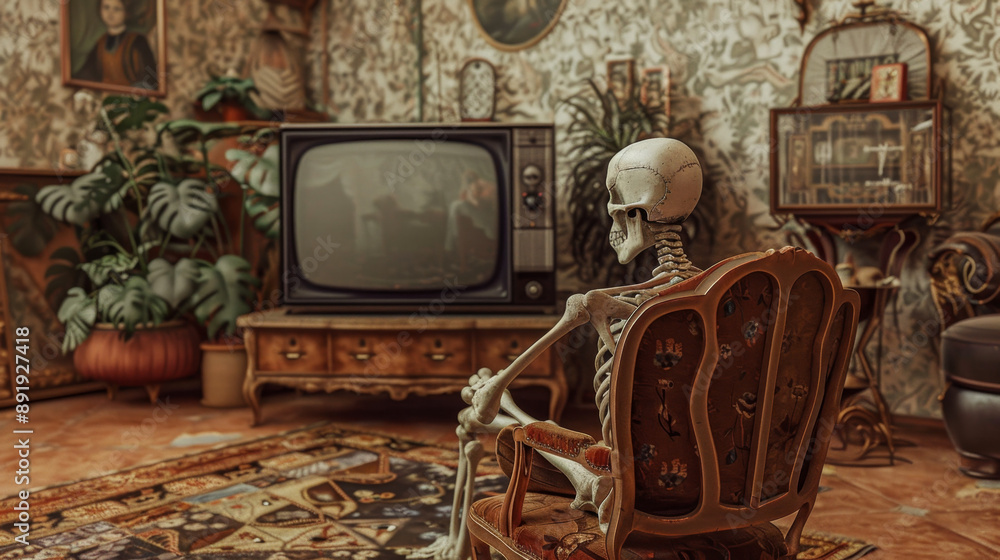 A skeleton is sitting on an armchair in front of the TV, watching ...