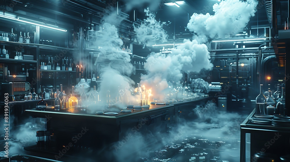 Smoky reaction in a futuristic chemistry lab showcasing the mixture of ...