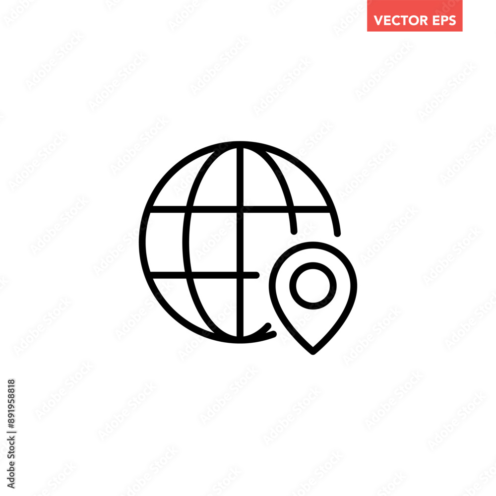 Single black globe with pin line icon, simple world map location flat ...