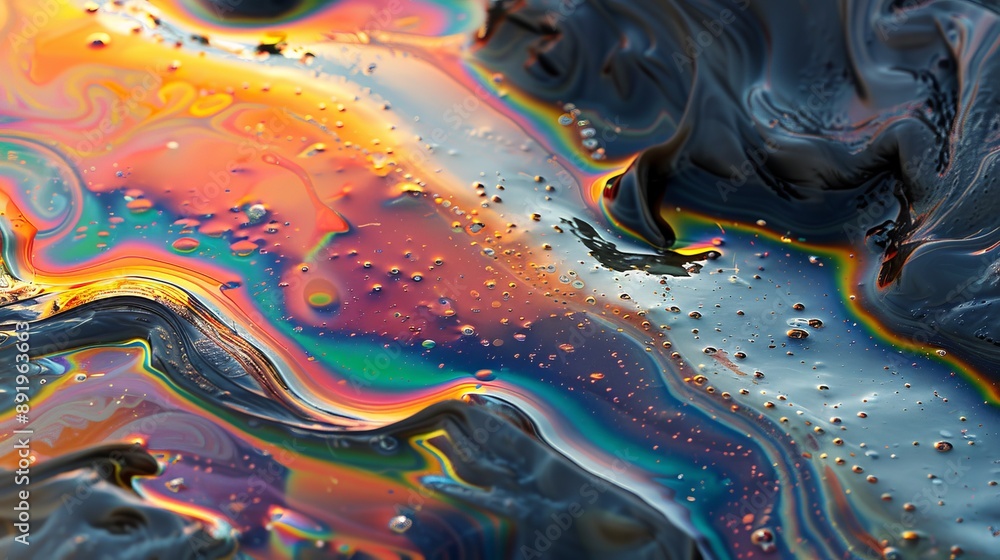 An abstract oil slick featuring vivid colors and intricate patterns on ...