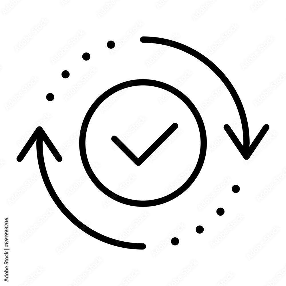 Black round checking process sync approved line icon, simple turning arrows syncing flat design ...