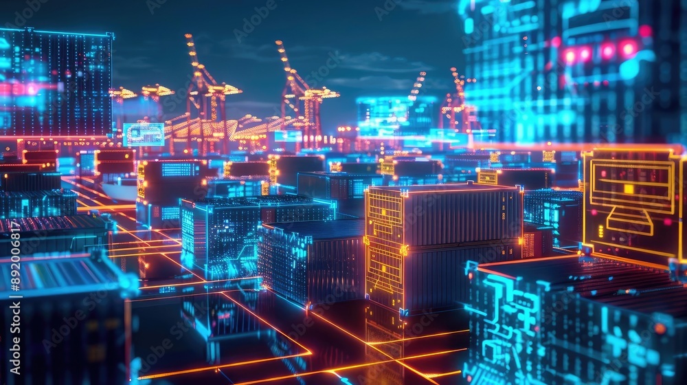 Shipping container network visualized with digital holograms, cyberpunk ...