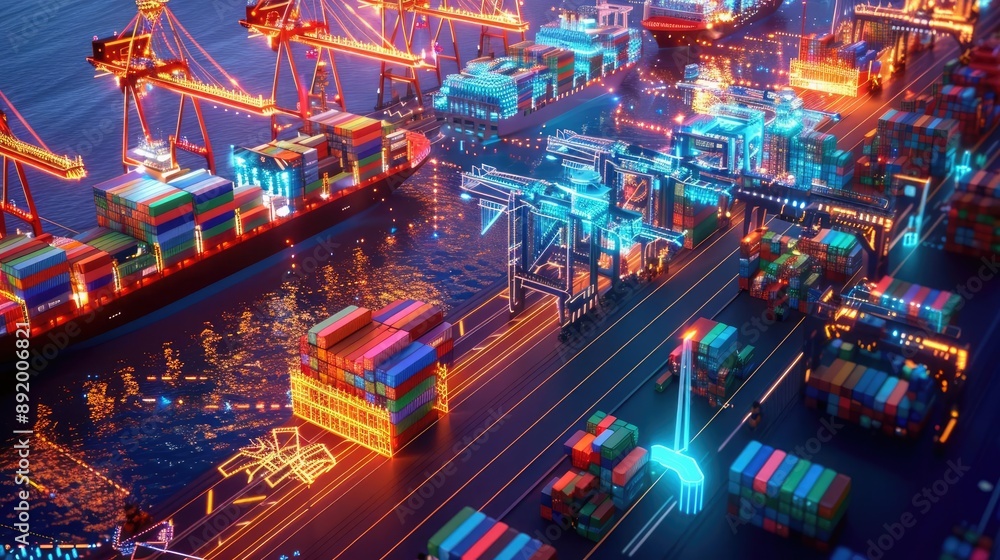 Shipping container network visualized with digital holograms, cyberpunk ...