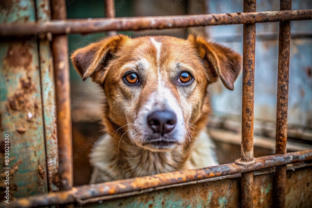 Sad, abandoned, and hungry stray dog with pleading eyes sits behind an ...