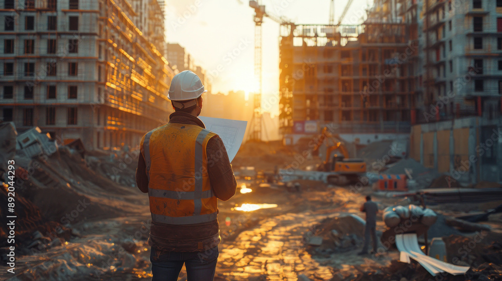 Architect construction engineer reviewing blueprints at a high-rise ...