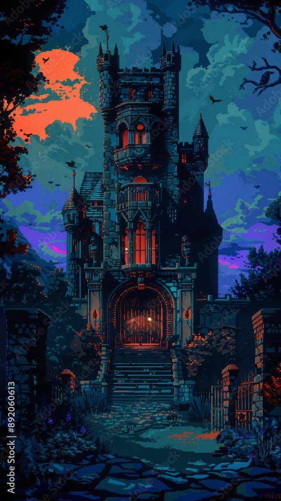 8bit vampire, haunted castle, pixel art style, vibrant colors ...