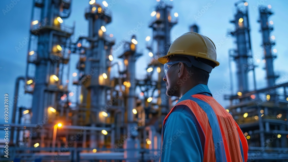 An engineer wearing safety gear inspects a lit-up industrial plant at ...