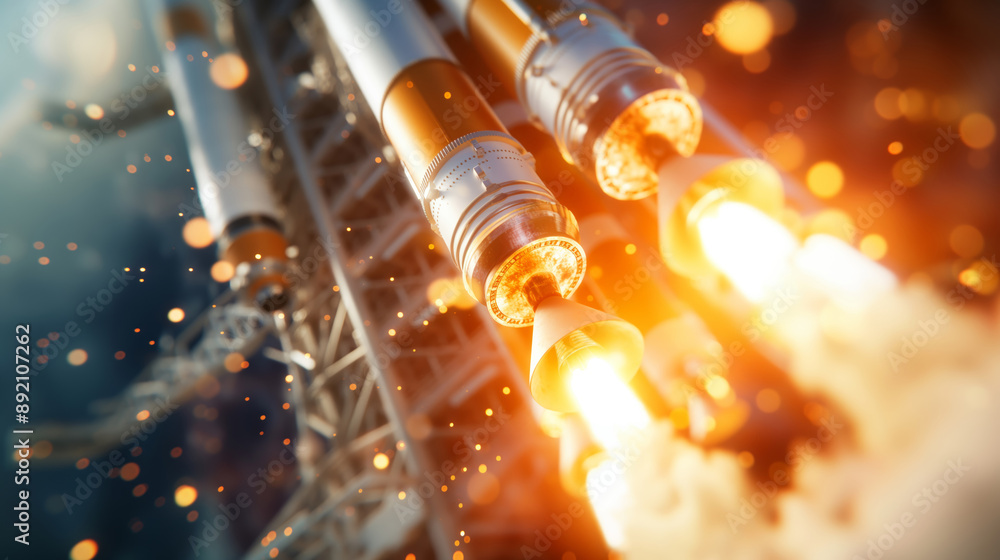 Dramatic Visualization of Rocket Ignition Sequence at Launch Stock ...