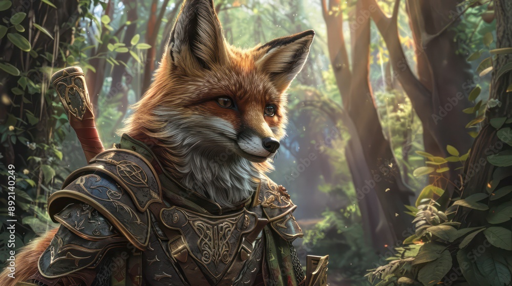 fox as a fantasy adventurer, with medieval armor and a mystical forest ...