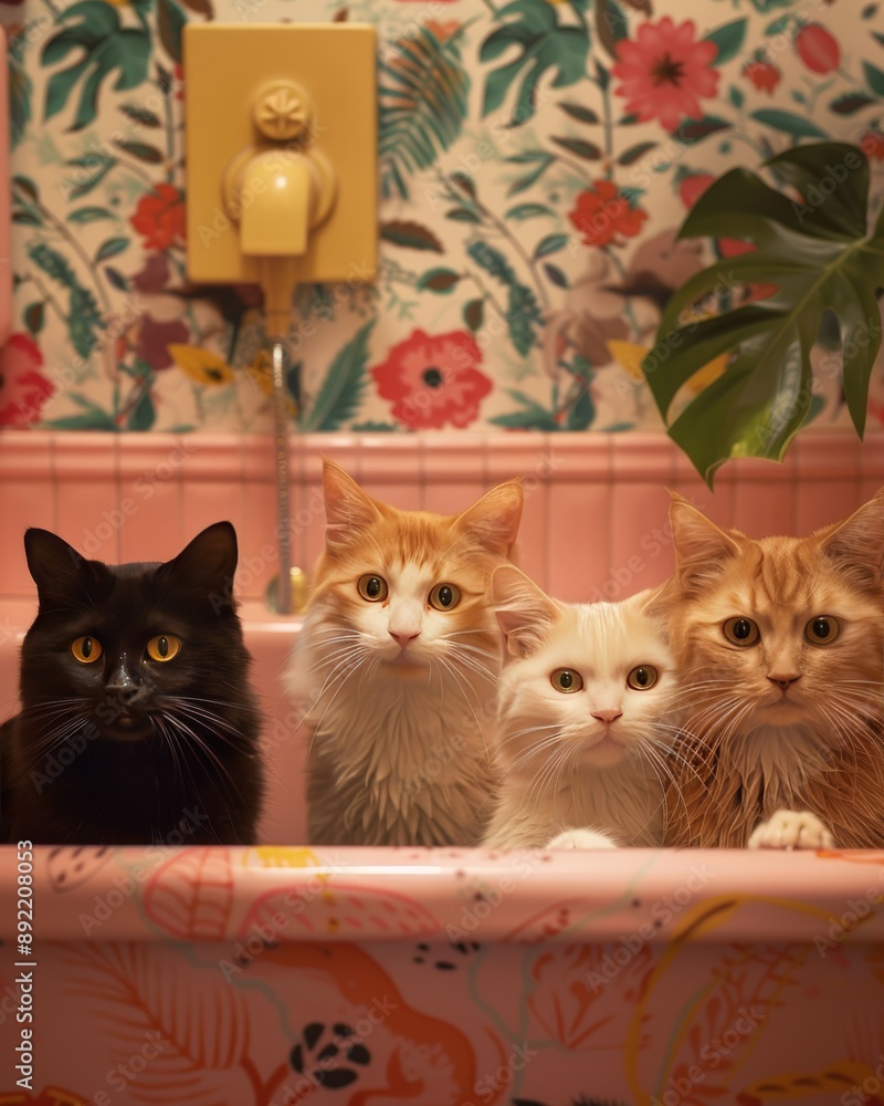 cats in a bathtub, leaves, plants, preppy pink colors, wide angle ...