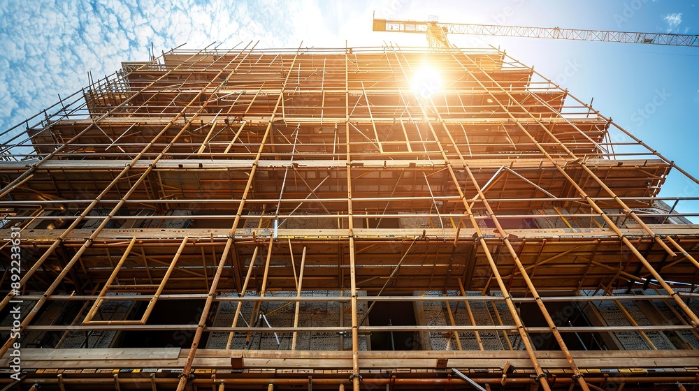 Wooden Scaffolding on Building Site: Low-angle view of a sprawling ...