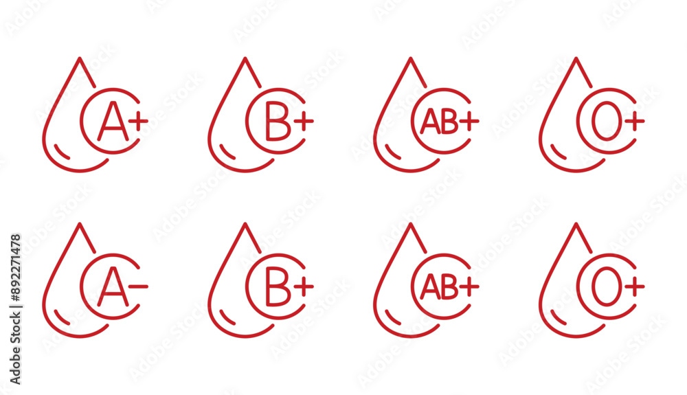 Blood type vector icons. Editable stroke thin line set. Red blood drop ...