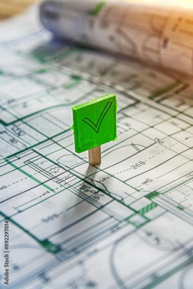 Approved Blueprint. A blueprint for a construction project with a green ...