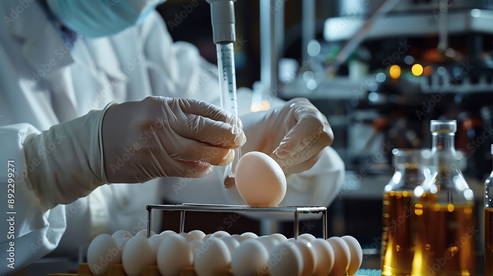 Scientist conducting quality tests on chicken eggs, various lab ...