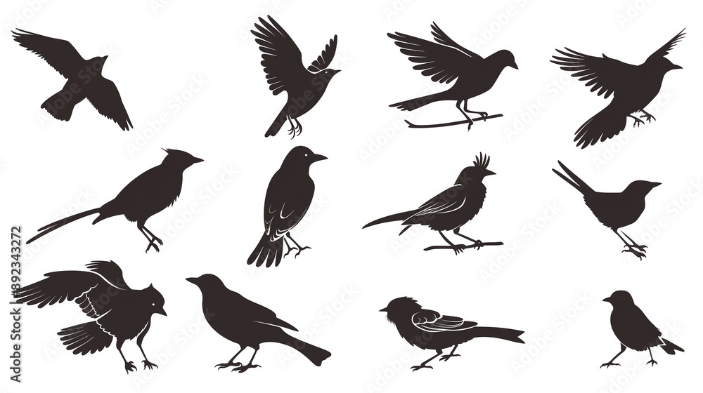 Collection of bird silhouettes in various poses, flying, perching, and ...