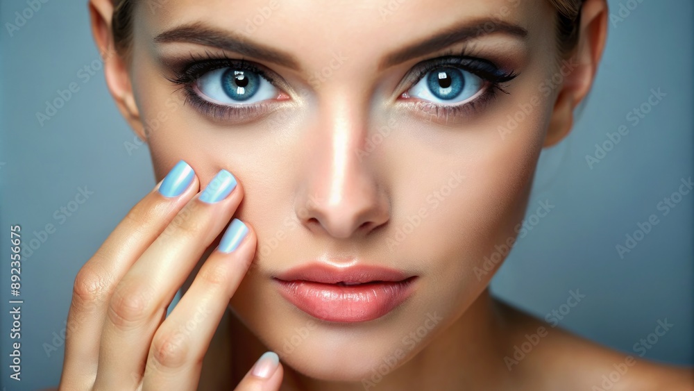 Attractive female with flawless skin and vibrant blue eyes carefully ...
