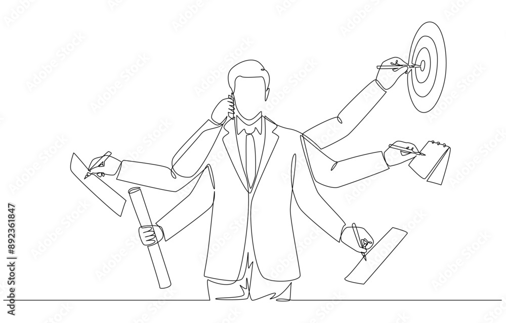 Continuous one line drawing of businessman with multiple hands doing ...
